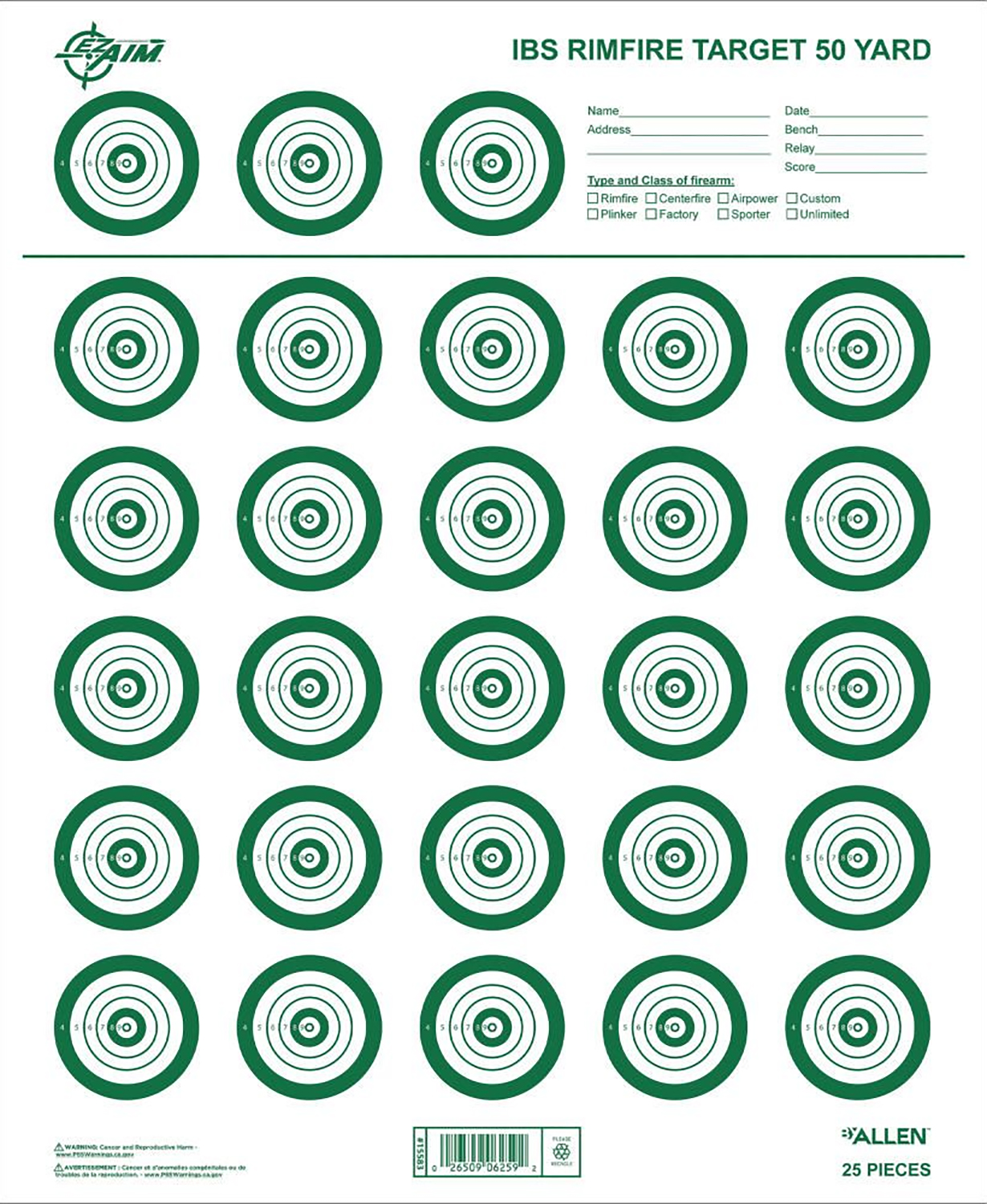 EZ-Aim 15582 Official IBS Rimfire Target Non-Adhesive White/Green 25 ...