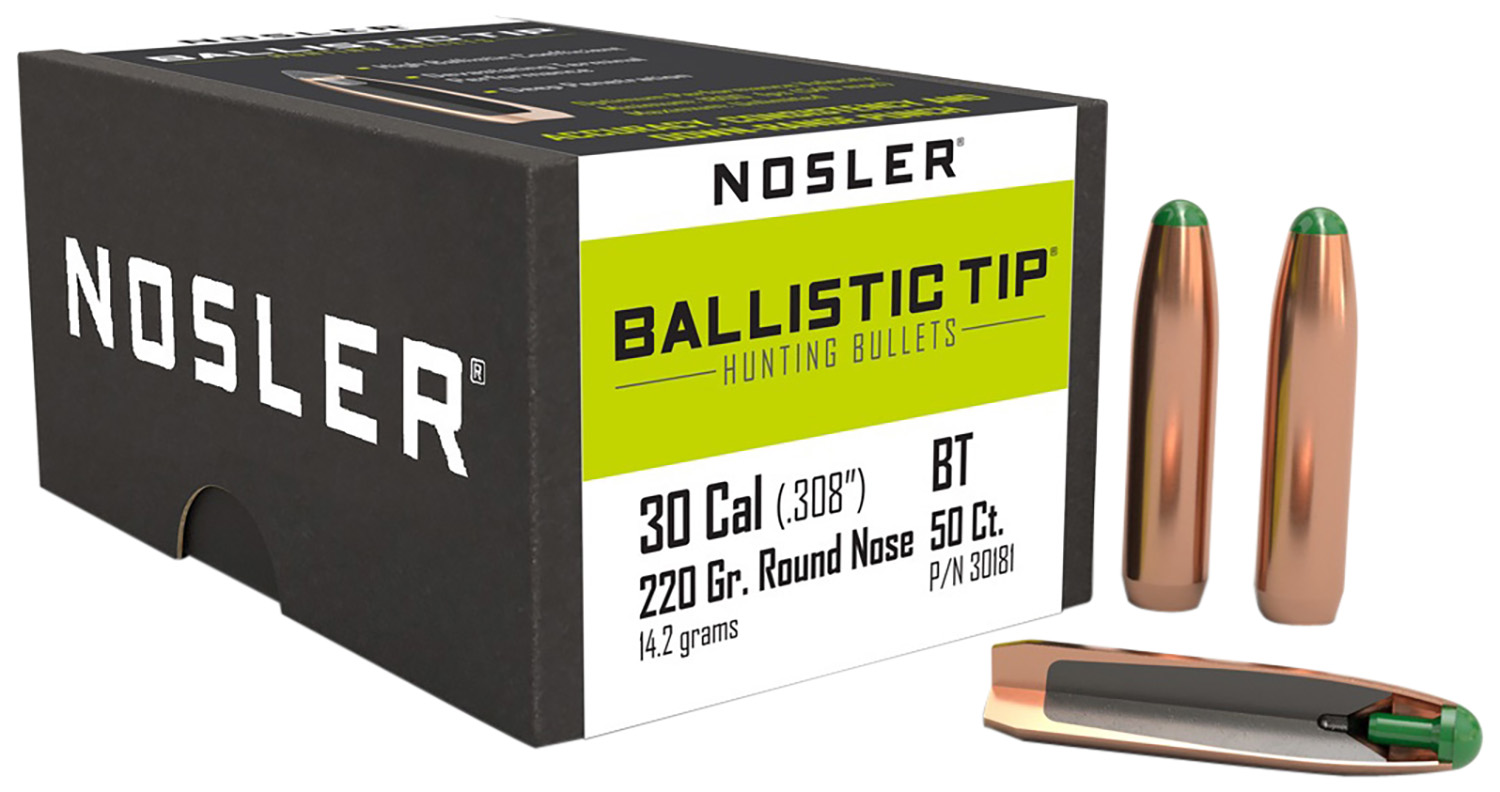 Nosler 30181 Ballistic Tip Hunting Bullets, .30 Cal, 220 GR, Round Nose ...