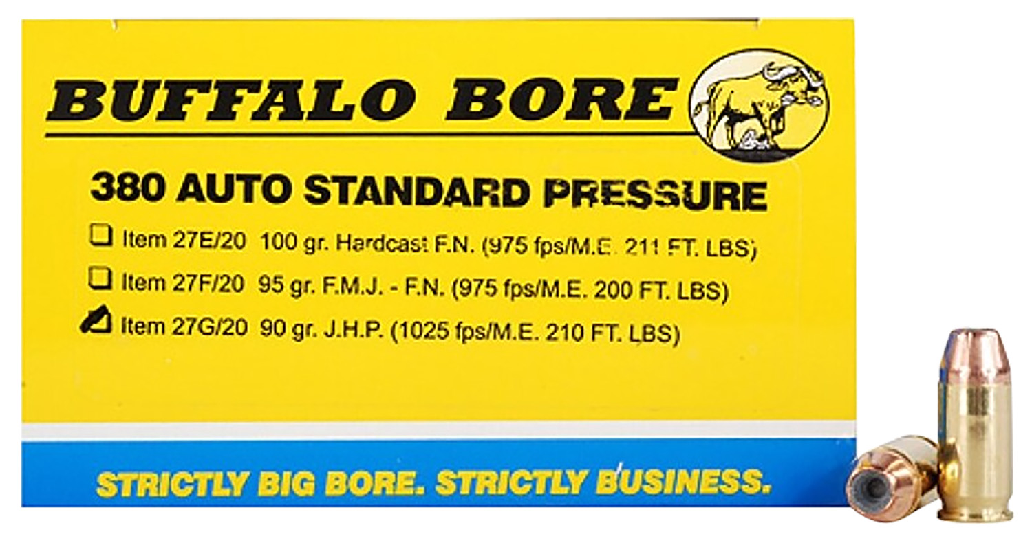 Buffalo Bore 27G20 .380 ACP 90gr JHP Ammo 20 Rounds 1025fps 210ft-lbs ...
